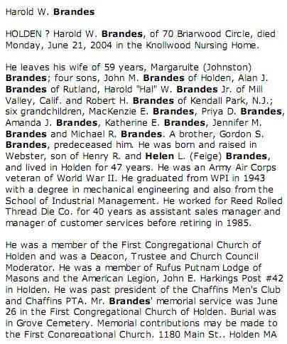 Obituary Harold William BRANDES (22 November 1922 - 23 June 2004 ...