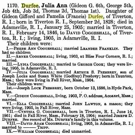 1870 - Tiverton, Newport, Rhode Island Julia Ann DURFEE (September 2 ...
